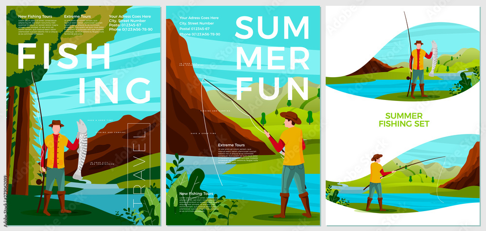 Vector summer fishing posters set - man with rod catching trout in ...