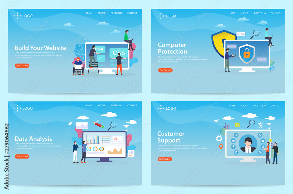 set of landing page with the theme of a web developer, vector ...