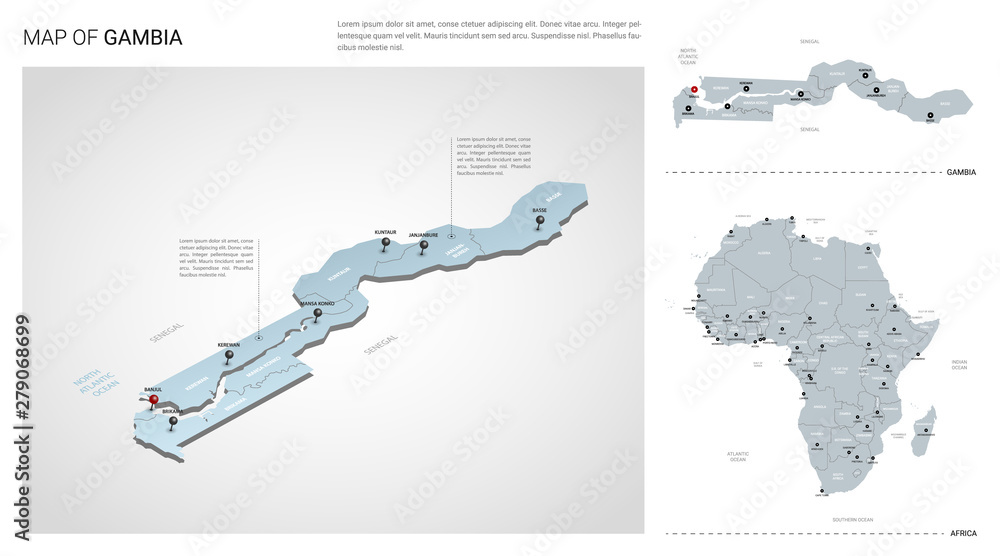 Vector set of Gambia country. Isometric 3d map, Gambia map, Africa map ...