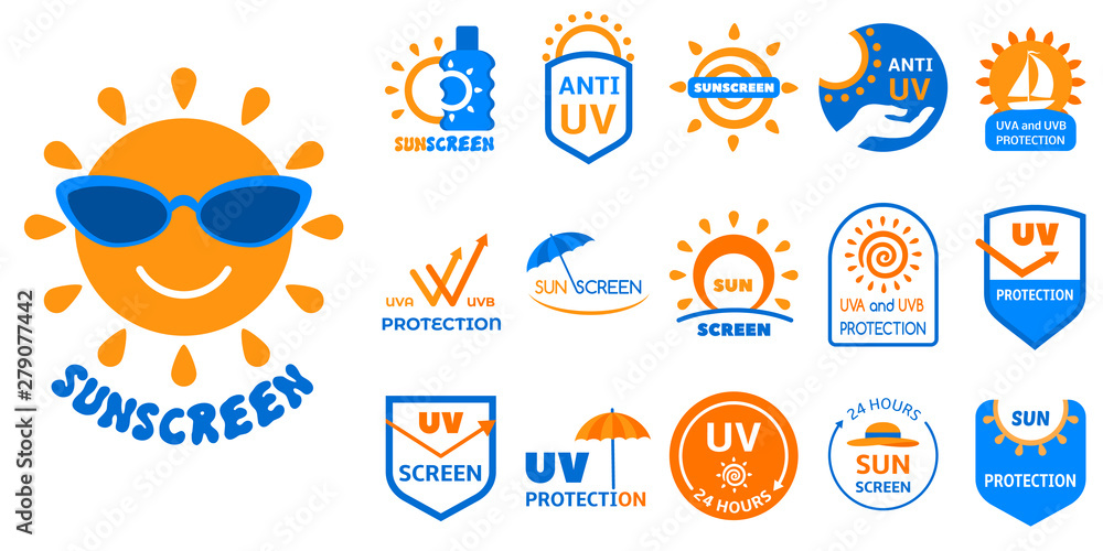 Sunscreen logo set. Flat set of sunscreen vector logo for web design ...