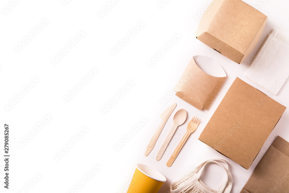 Top view and flat lay concept of Eco friendly, kraft, disposable ...