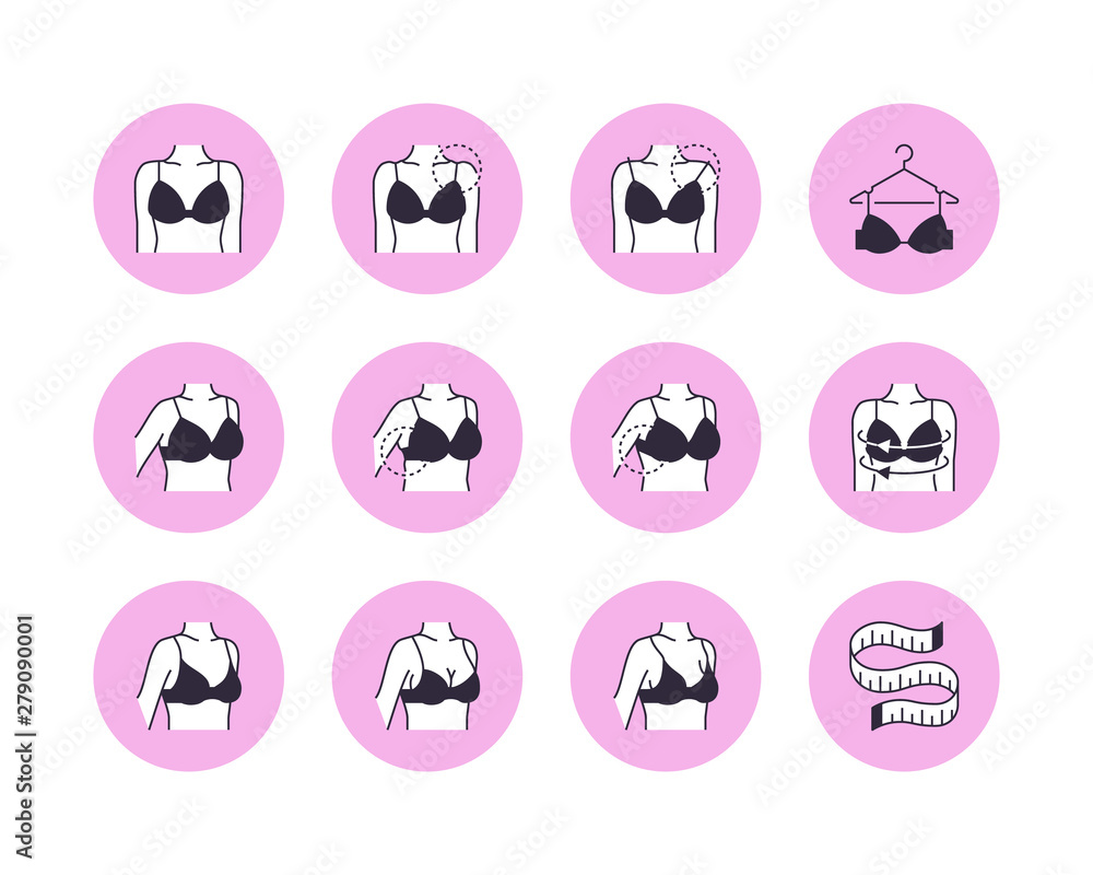 Lingerie flat line icons set. Bra fitting, breast measurement with ...