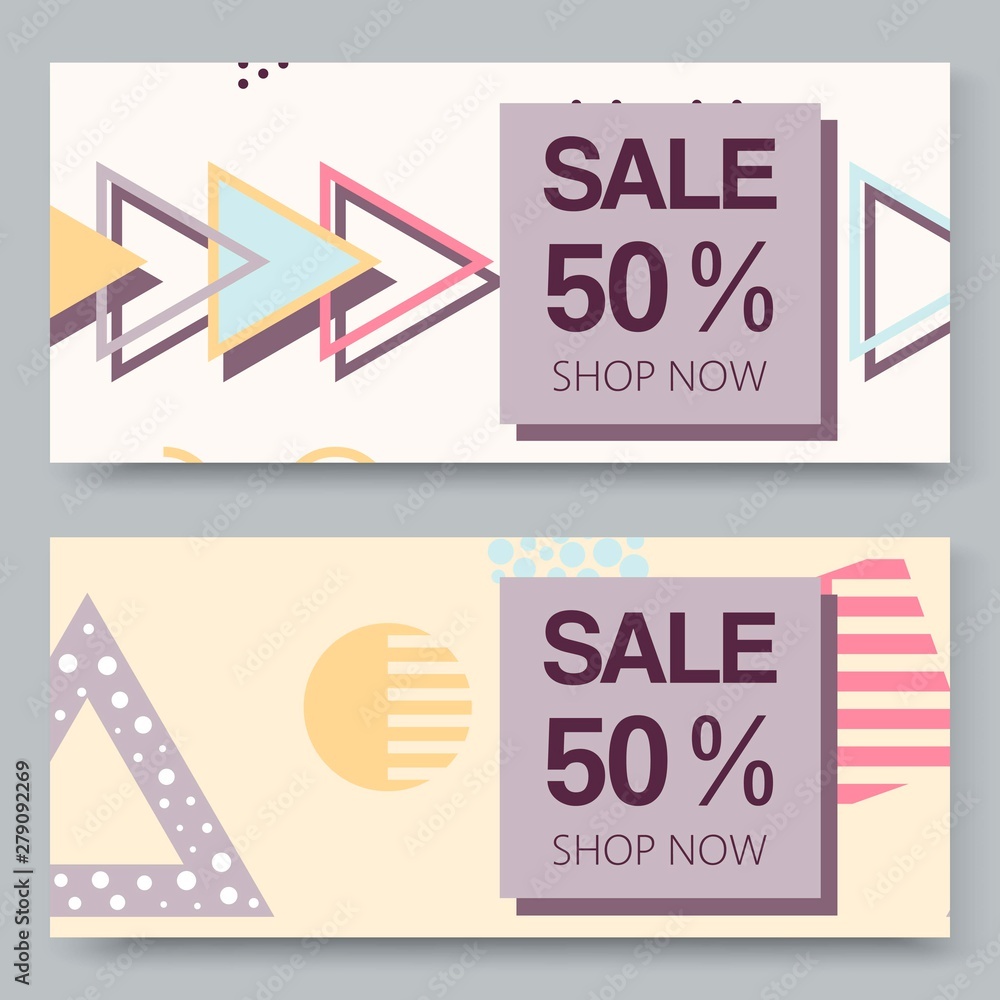 Sale vector banner with halftone geometric shapes set juxtaposed with ...
