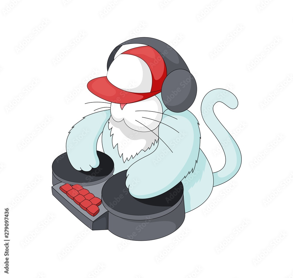 DJ cat cartoon vector illustration for print design isolated on white ...