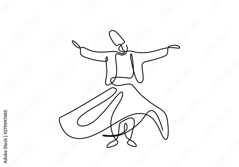 Continuous one line drawing of sufi dancer vector illustration ...