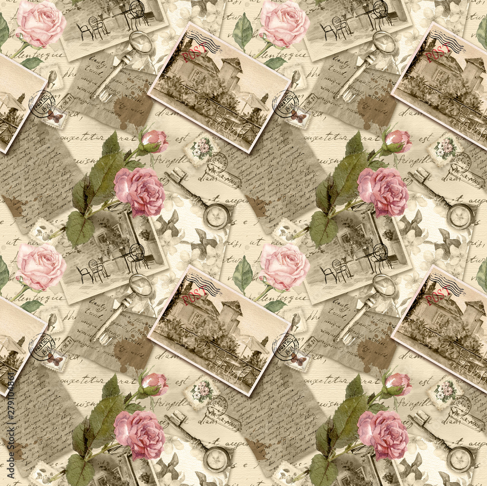 Vintage old paper with hand written letters, photos, stamps, keys ...