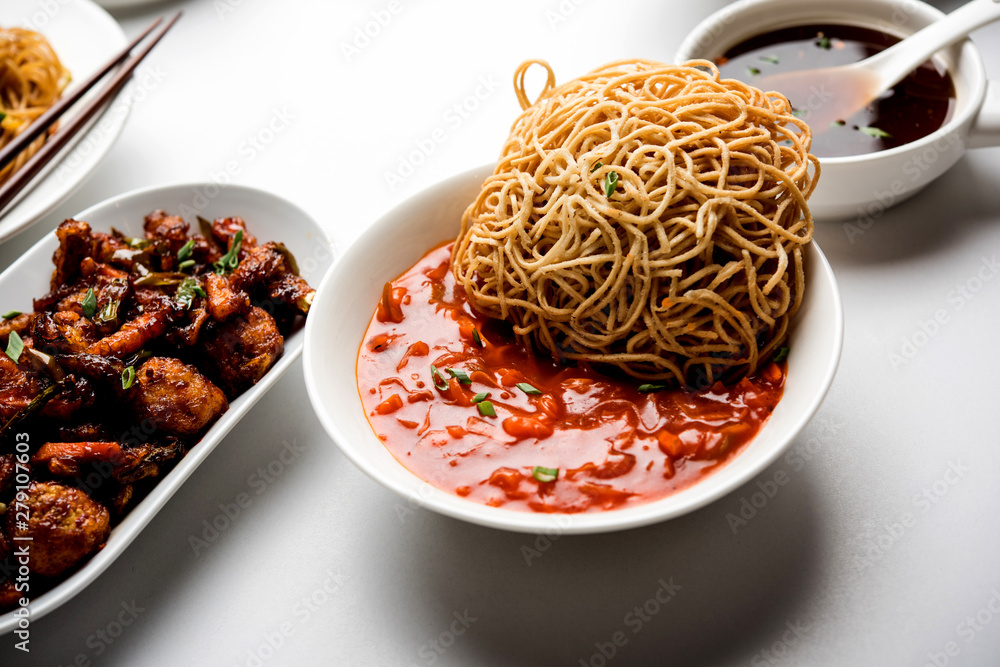 Assorted Indo chinese dishes in group includes Schezwan/Szechuan hakka ...