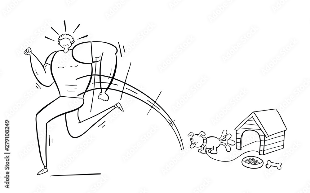Muscular man scared of small dog and running away, hand-drawn vector ...