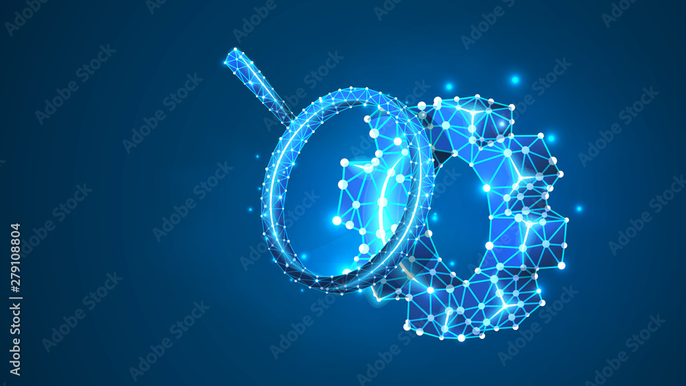 Magnifying glass. Gears technology Analysis. Industry, business ...