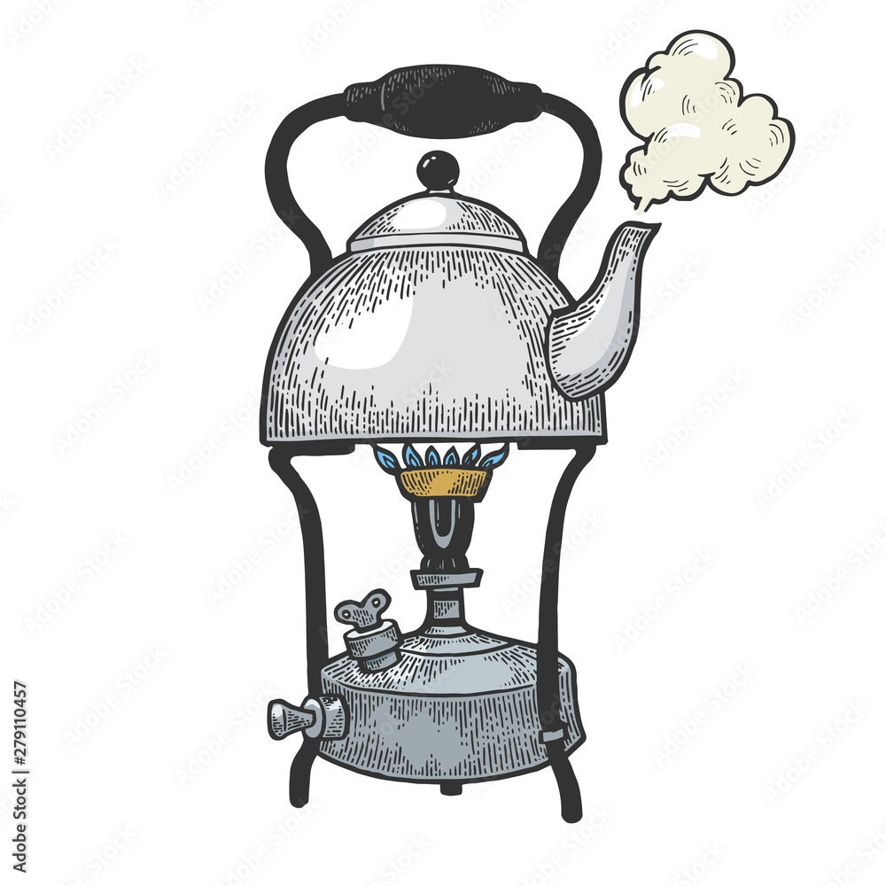 Old boiling kettle pot on primus stove color sketch engraving vector ...
