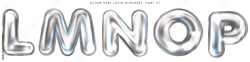 Silver perl foil inflated alphabet symbols, isolated letters L-M-N-O-P ...