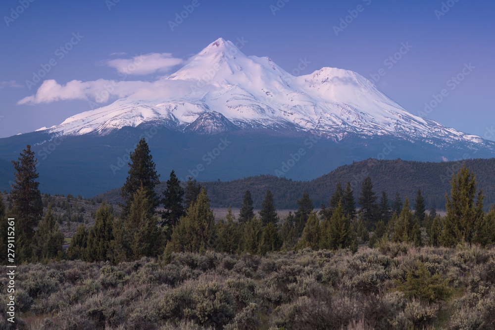 View of Mount Shasta Volcano with glaciers, in California, USA ...