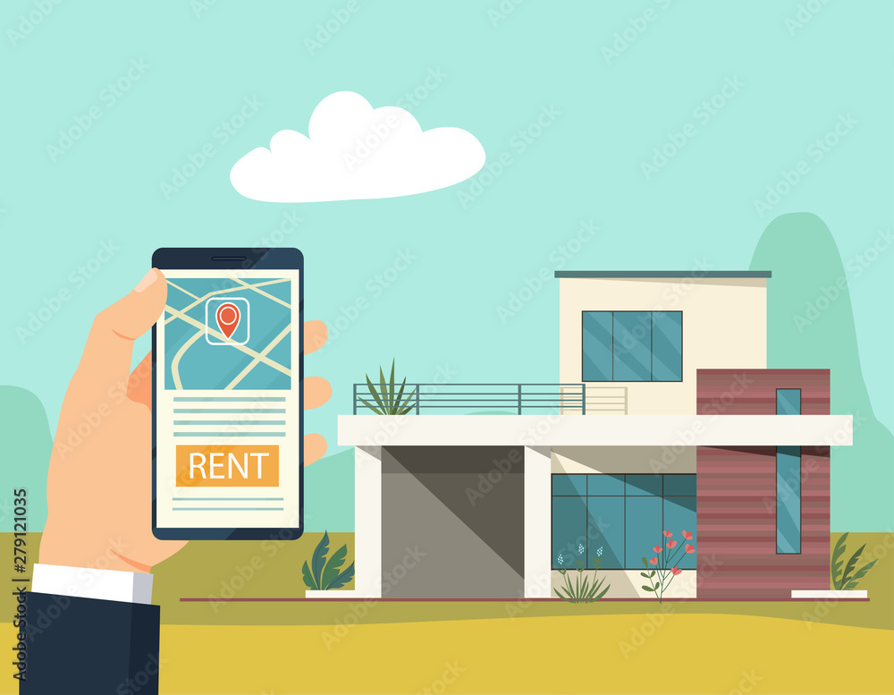 Hand hold smartphone. Rent house. Vector flat illustration, Stock ...