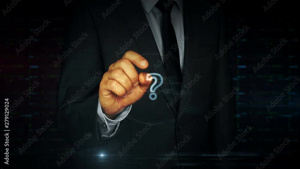 A businessman in a suit touch the screen with question mark symbol ...