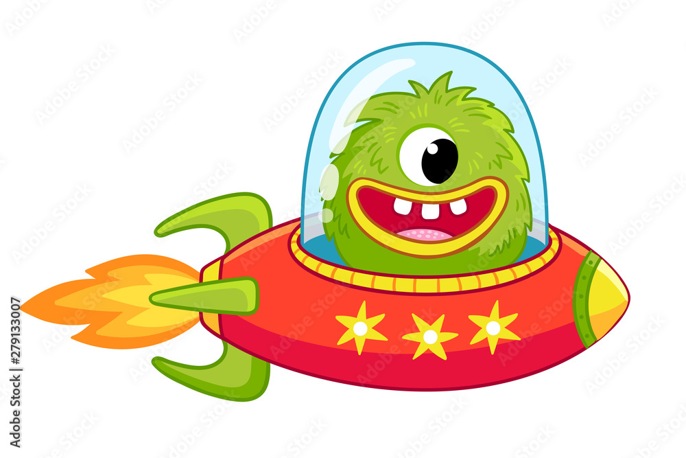 Alien monster is flying on rocket on white background. Stock Vector ...
