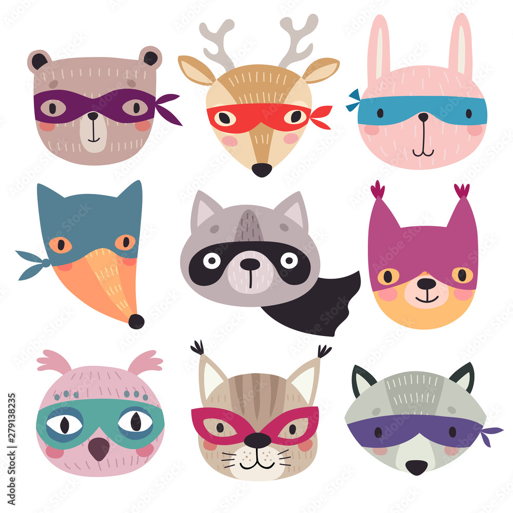 Cute animal faces. Hand drawn characters. Stock Vector | Adobe Stock