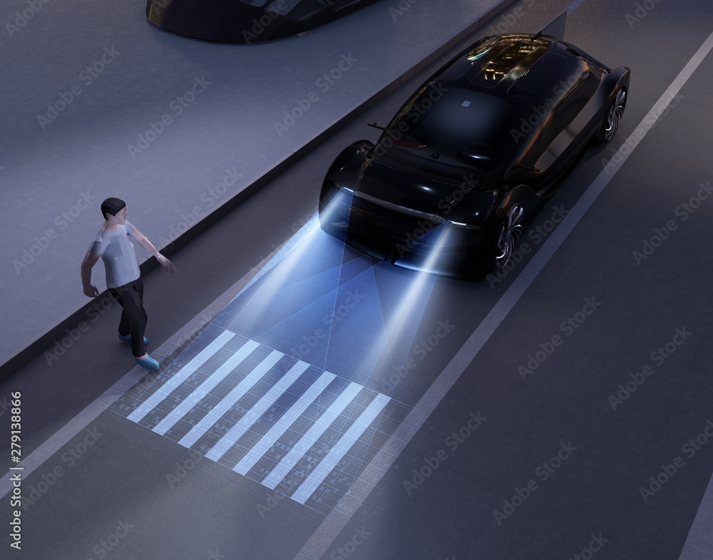 Autonomous car communicating with pedestrian at crosswalk sign by light ...