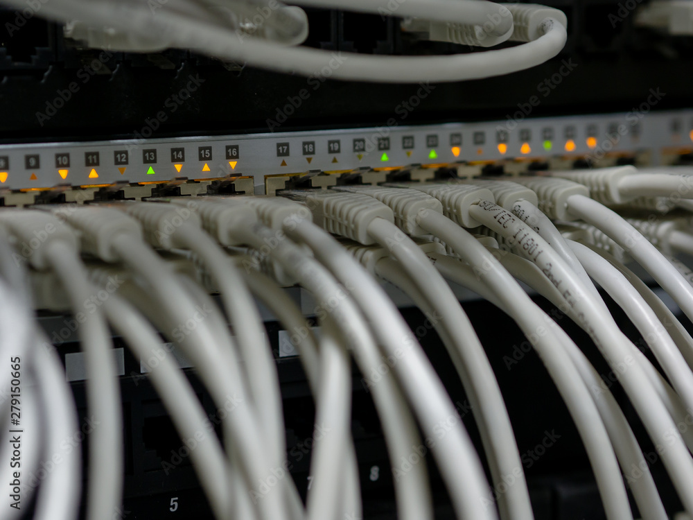 Wired Ethernet LAN network switch with blinking lights Stock Photo ...