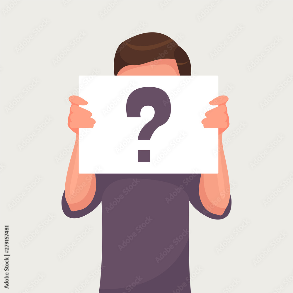 Cartoon businessman holding a white paper or billboard with a question ...