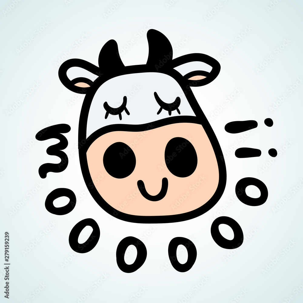 Vector illustration, line cartoon cow. Hand drawn. With "MOO ...