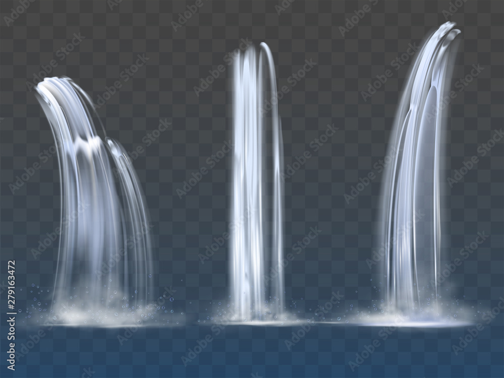 Waterfall cascade, realistic water fall streams set of pure liquid with ...