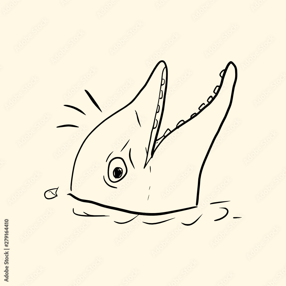 Cute dolphin in water. Hand drawn cartoon vector ink illustration ...