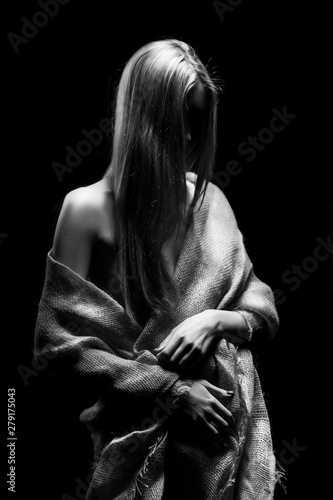 Beautiful young slim busty and leggy naked blonde model girl, sensually ...