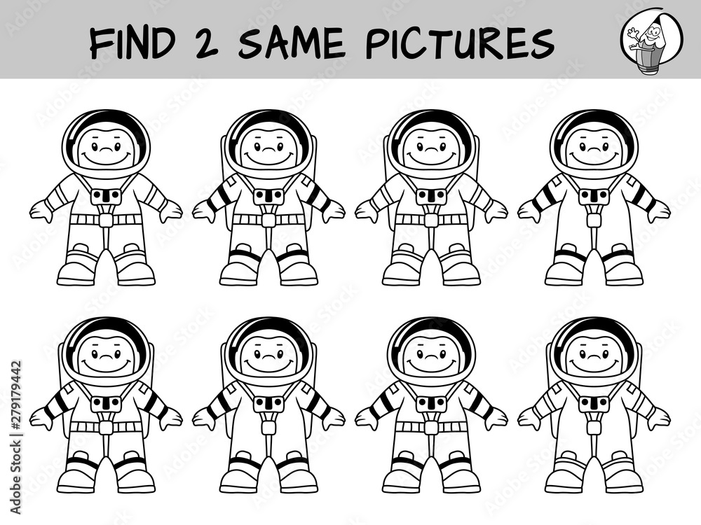 Astronaut. Find two same pictures. Educational game for children. Black ...