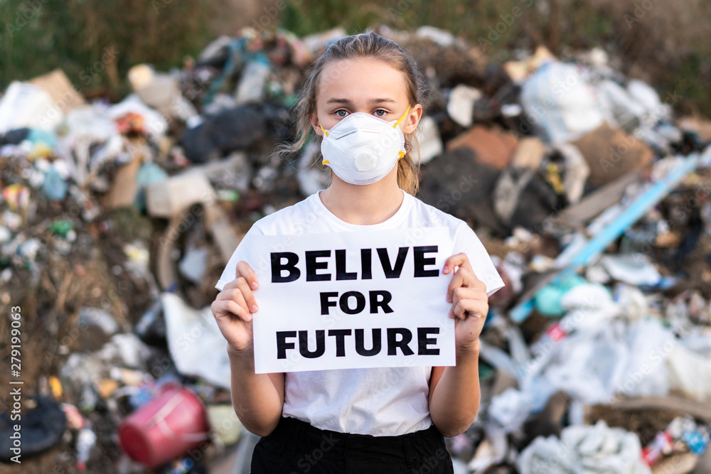Woman Activist With Belive For Future Poster On Waste Dump. Recycle ...