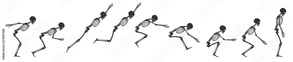 Human skeleton is jumping. Nine phases of a jump of a black human ...