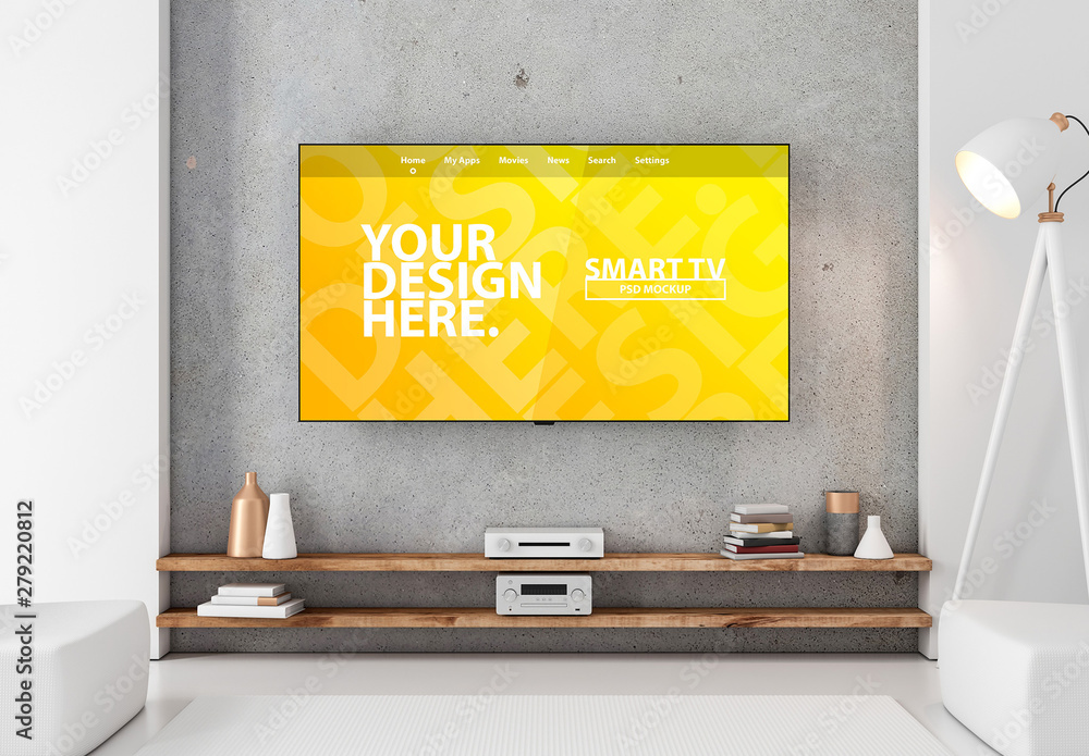Smart TV Mockup On Living Room Wall Stock Template Adobe Stock Smart TV Mockup On Living Room Wall Stock Template Adobe Stock