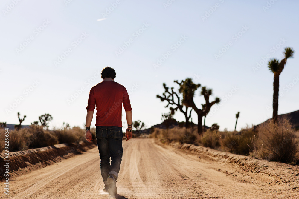 Young man walking away along desert road Stock Photo | Adobe Stock