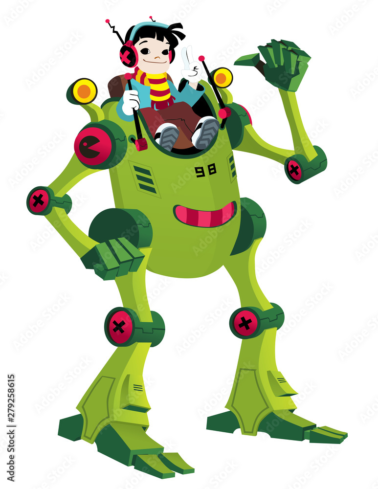 cartoon green robot with kid Stock Vector | Adobe Stock