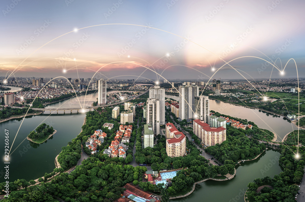 Smart city and wireless communication network concept. Digital network ...