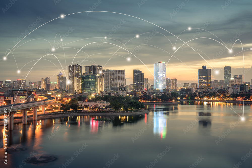 Smart city and wireless communication network concept. Digital network ...
