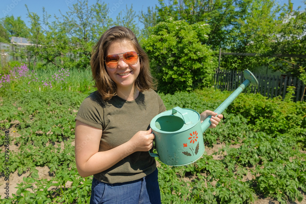 Woman watering cabbage from watering can. Gardener is watering the ...