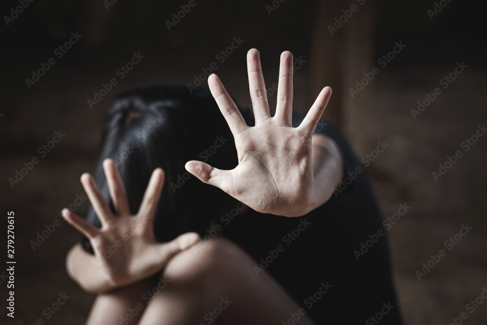 Stop violence and abused woman. Sad young girl in old room, Human trafficking concept, human ...