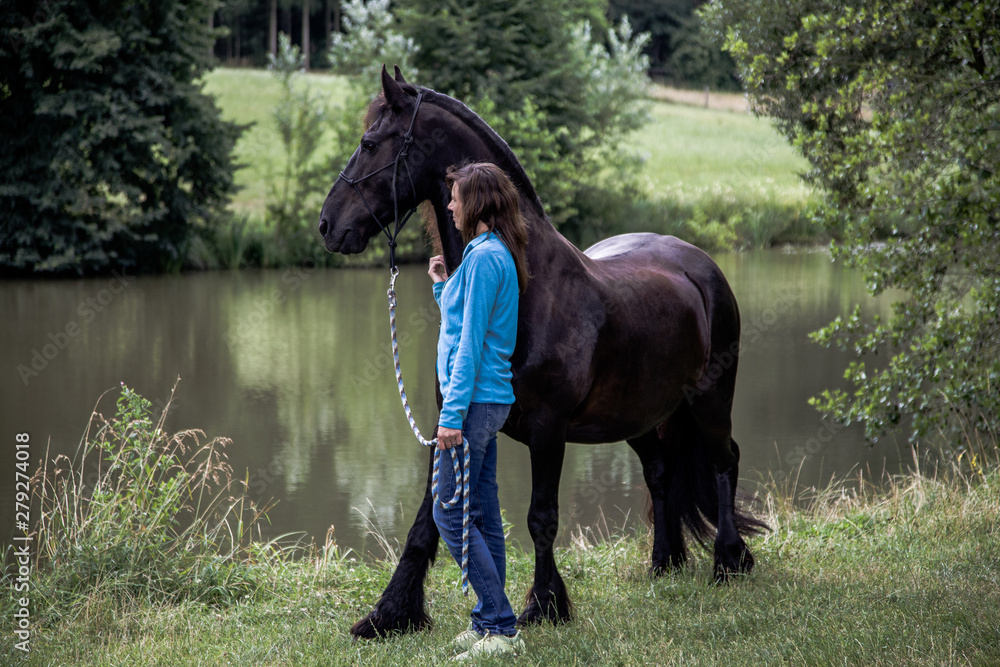 Eine Frau geht mit ihrem Friesenpferd am See spazieren, Pferde Stock ...