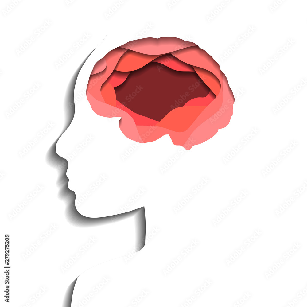 Layered human profile and brain cut out of paper on white background ...