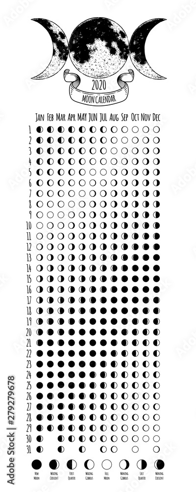 Moon calendar, 2020 year, lunar phases, cycles. Design illustrated with ...