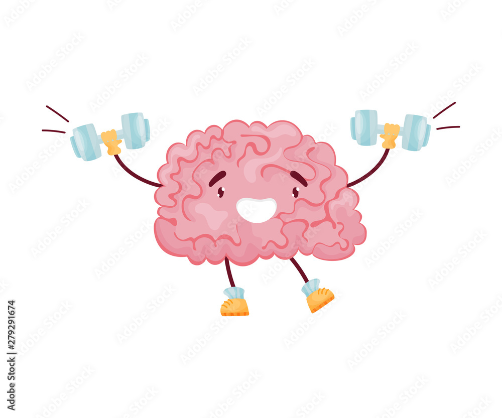 Cartoon brain with dumbbells. Vector illustration on white background ...