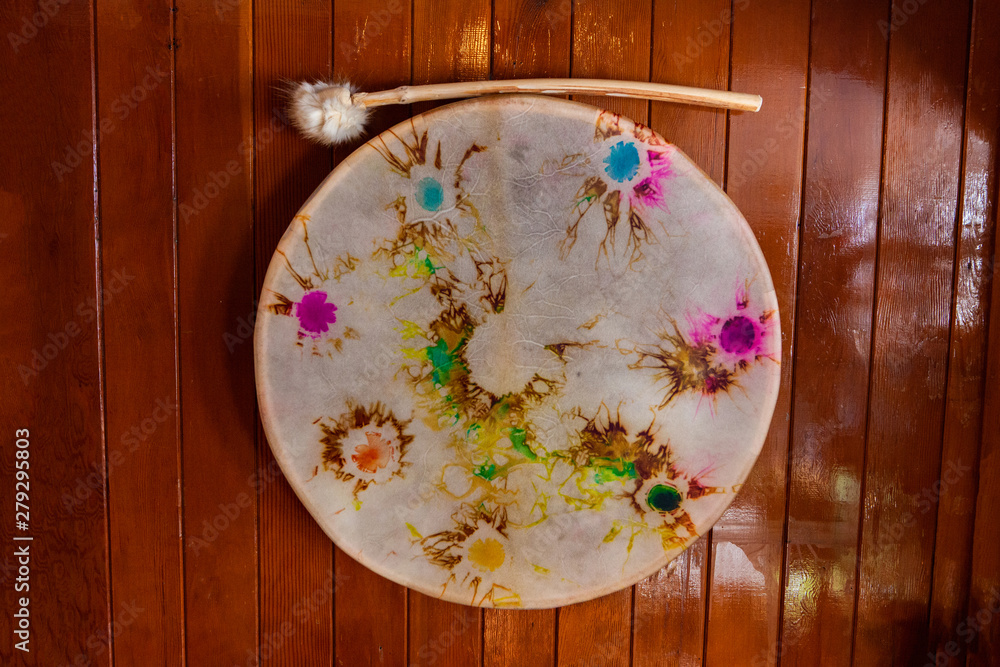 Native American Sacred drum. A closeup and top down view of a ...