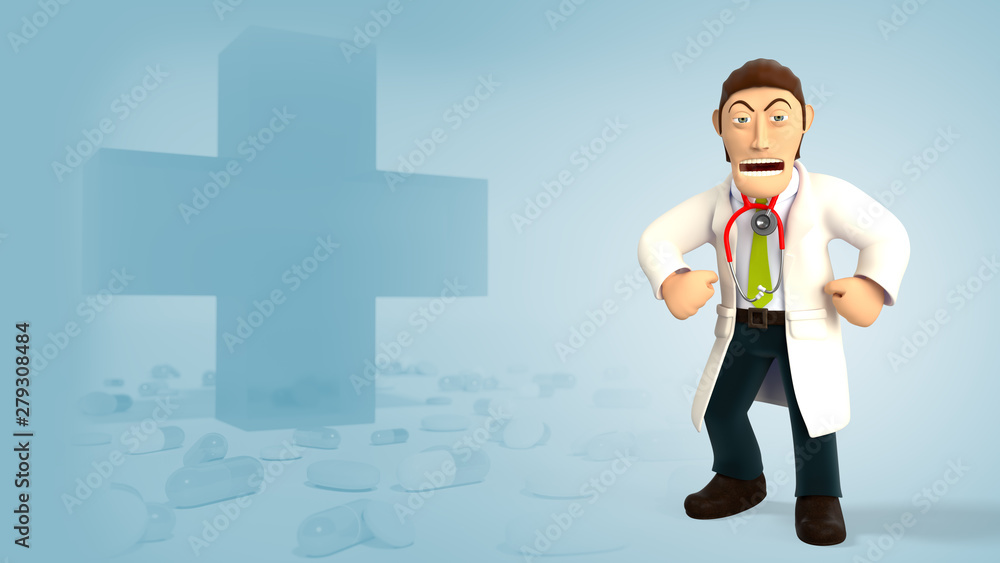 Young angry cartoon 3d doctor screaming and showing his muscles, in ...