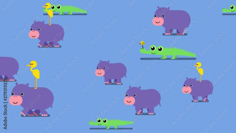 100 baby animals.Pattern with violet baby hippos, yellow herons ...