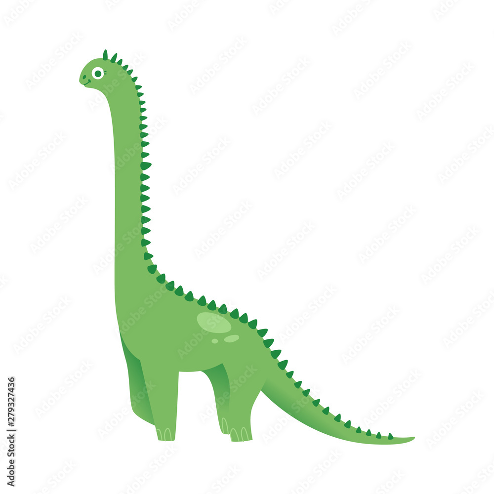 Cute dinosaur long necked cartoon flat illustration isolated on white ...