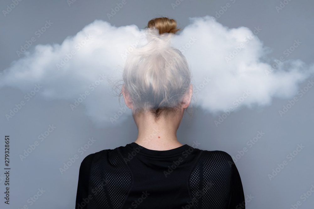 Young girl simple hairstyle back view with cloud on her head ...