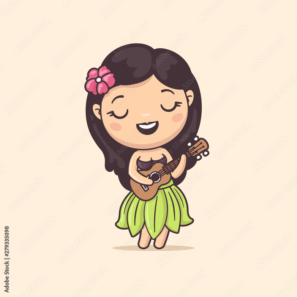 Cute Hula dancer girl playing ukulele vector cartoon kawaii ...