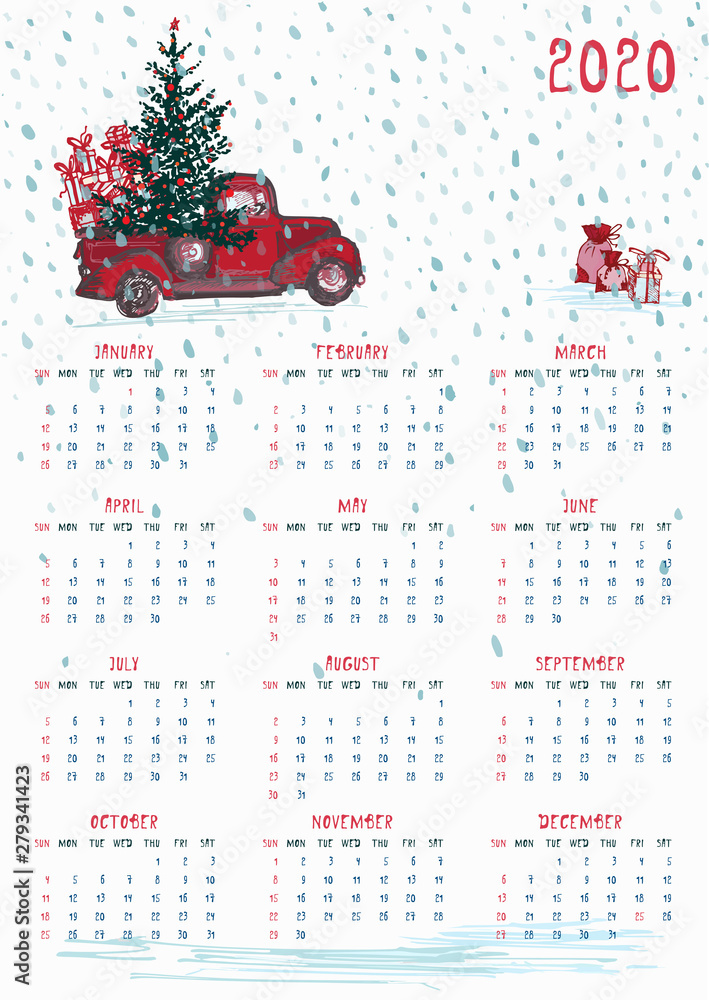 2020 Calendar planner whith red christmas truck, new year tree and ...