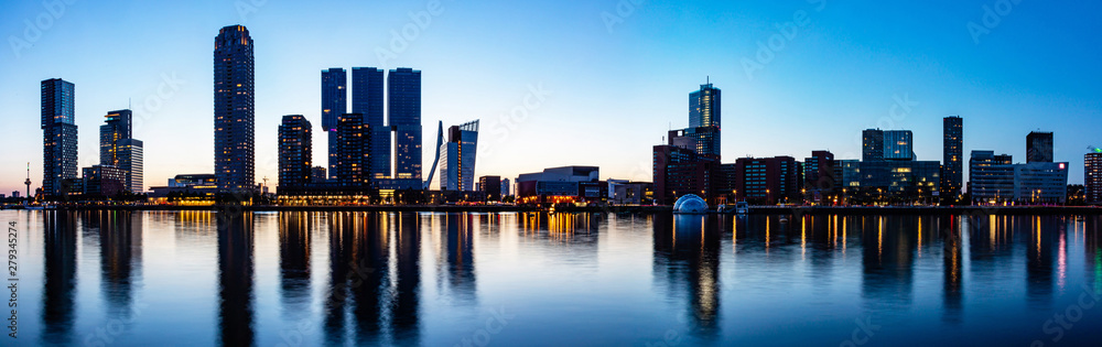 Rotterdam Netherlands skyline night panorama. City towers illuminated ...