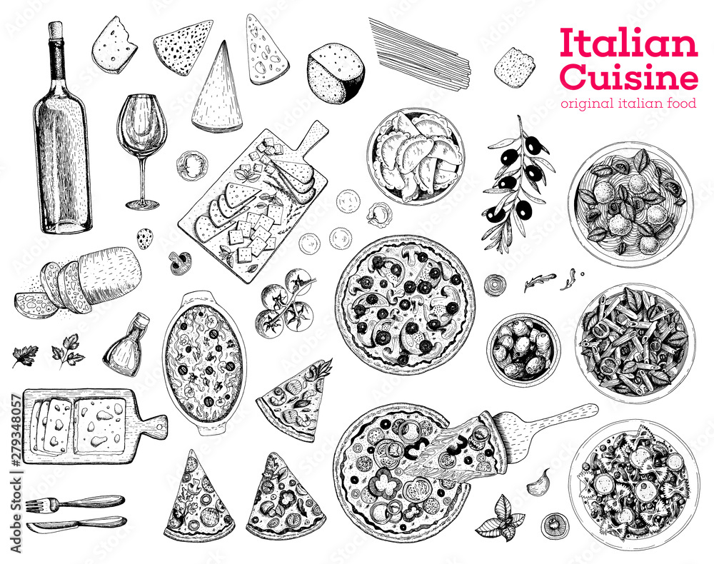 Italian food sketch. Set of Italian dishes with pasta, pizza, ravioli ...